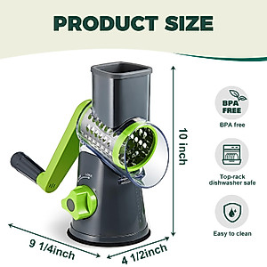 Cheese Grater with Handle, Kitchen Manual Cheese Shredder with 3 Interchangeable Blades, Rotary Cheese Grater Handheld with Strong Suction Base, Vegetable Slicer Nuts Grinder with Clean Brush