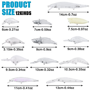 Unpainted Fishing Lures Crankbait Blanks Hard Lures Kit with 3D Eyes Blank Fishing Lure Making Kit Lipless Crankbait Minnow Popper Jerkbait VIB Clear Bodies