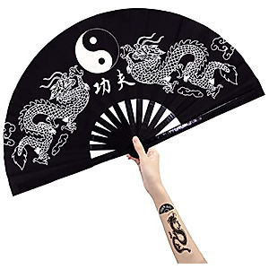 Amajiji Large Rave Folding Hand Fan for Men/Women, Chinese Japanese Kung Fu Tai Chi Handheld Fan Performance Fan Festival Gift Fan Craft Fan Folding Fan Dance Fan (Black Dragon)