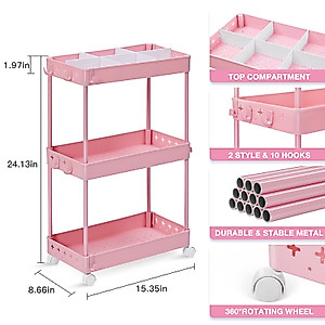 KINGRACK 3-Tier Rolling Utility Storage Cart with Adjustable Dividers,Multi-Purpose Storage Craft Art Cart Trolley Organizer,Slide Out Cart for Bedroom Bathroom Kid's Room Laundry Room,Pink