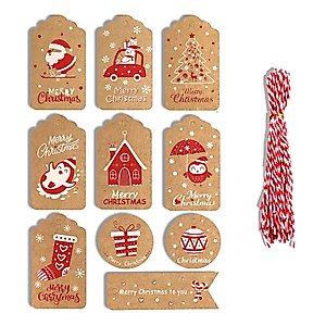 RIKWOG 50Pcs Christmas Gift Tags, 10 Styles Christmas Kraft Paper Gift Tag Hang Labels with Cotton String for Christmas Gift Wrap DIY Xmas Present Wedding