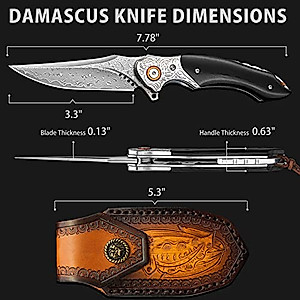 LOTHAR Damascus Pocket Knife for Men, 7.78" VG10 Folding Knife with Retro Leather Sheath,Sandalwood Handle, Classical Bolster, Lanyard Hole, EDC Knife Anniversaries, Christmas, elegant gifts for Men (Black)