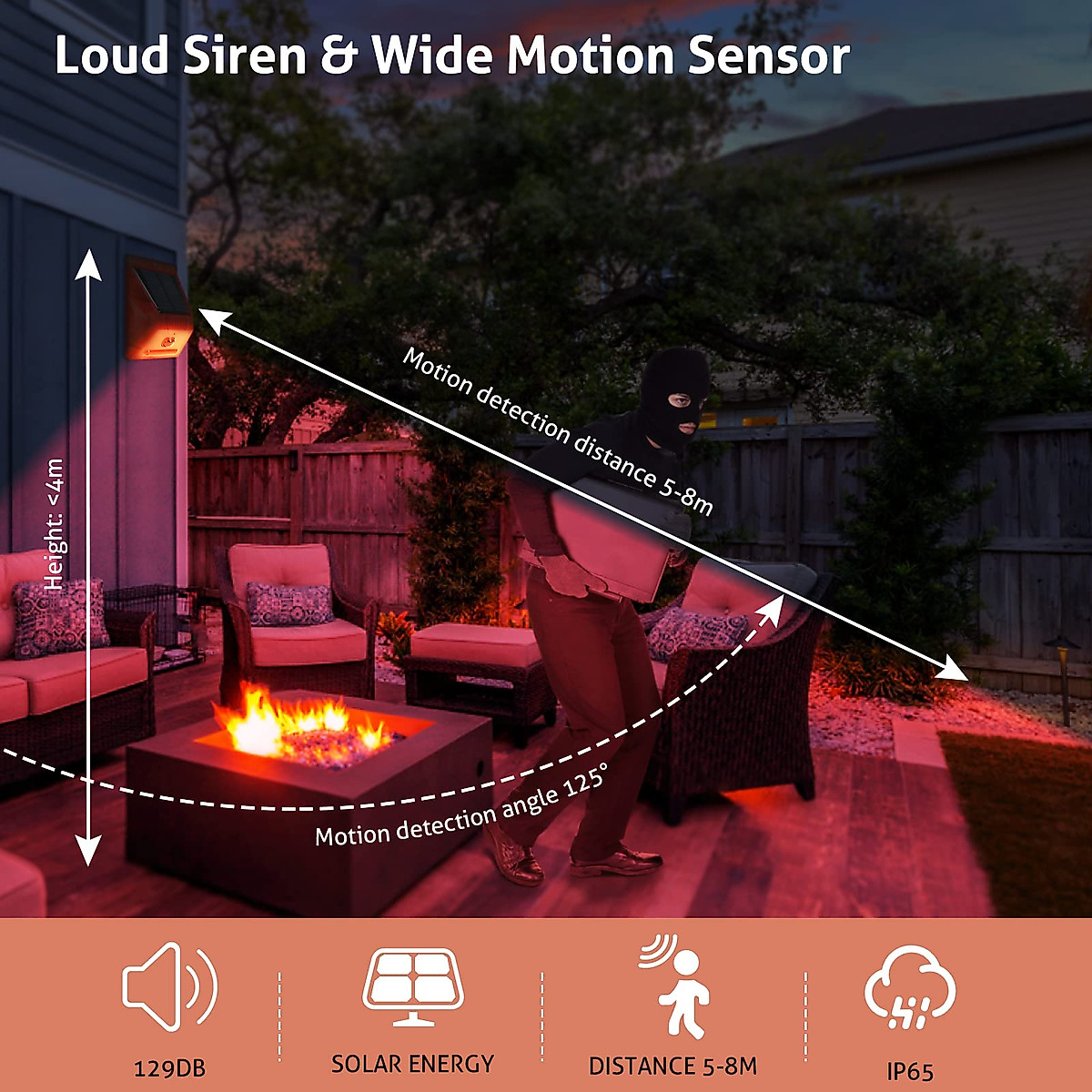 Outdoor Alarm Siren with Motion Detector Solar Alarm Light with Remote Controller 129db Sound Security Siren IP65 Waterproof 24 Hours & Night Mode for Home, Farm, Villa, Yard