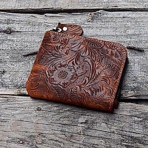 JJNUSA Genuine Leather Zipper Coin Purse Wallet With Key Car Smart Holder, Change Purse, Coin Pouch Holder For Men (Flower brown)