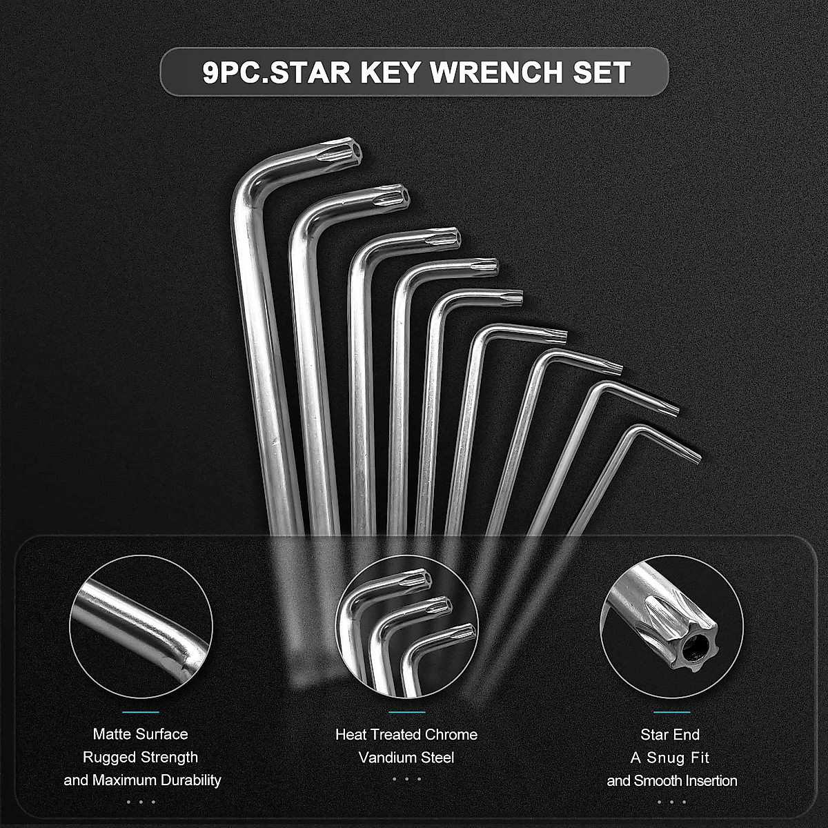 HAUTMEC Star Key Wrench Set, 9-Piece Torx Star Wrenches- Chrome Vanadium Steel and Drilled tips for Tamper Resistant Fasteners, HT0222-SS