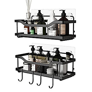 TESOT Shower Caddy, Adhesive Shower Shelf, No Drilling Shower Organizer, Rust Proof Stainless Steel Shower Rack with Hooks for Bathroom Storage, 2 Pack, Black