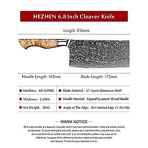 HEZHEN Meat Cleaver Butcher Knife Kitchen Vegetable Cleaver Chinese Chef Cooking Knife 6.8 Inch 67-Layer Damascus Steel Forged Sharp Utility Mincer Knife-Non-Slip Wooden Handle + Gift Box