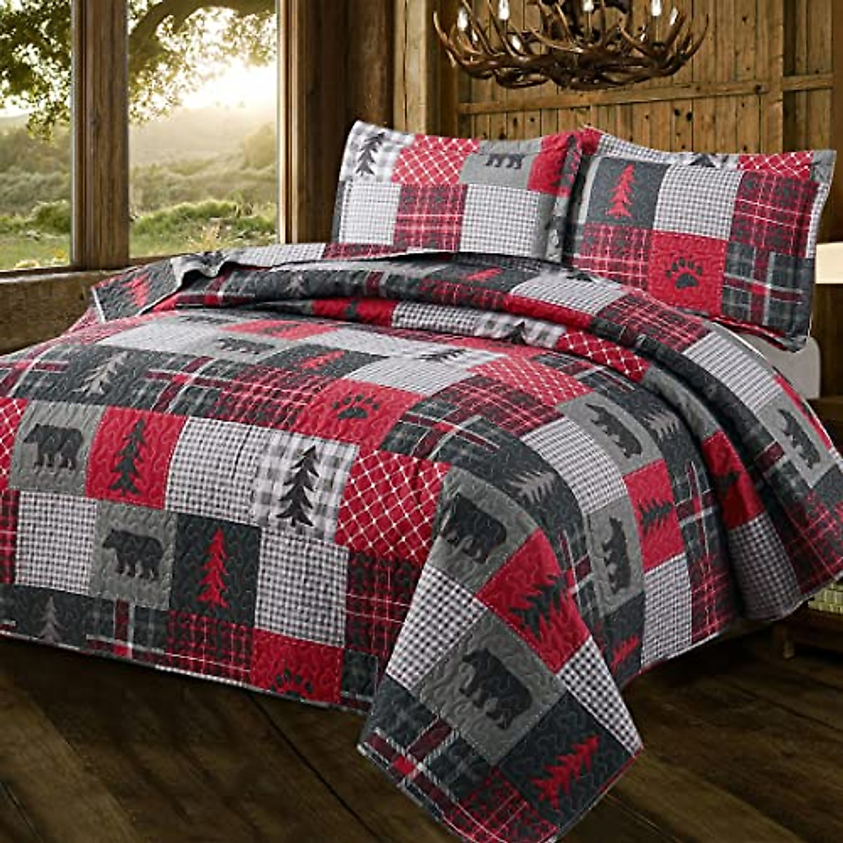 Bedspread Coverlet King Size Rustic Quilt Set Bedding King Plaid Quilt Bedding Lightweight Bedspread Lodge Cabin Bear Bedding Country Patchwork Quilt Bedspread Coverlet Rustic Reversible Quilts