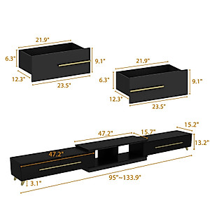 FAMAPY Modern TV Console Extendable Media Console, Adjustable Length, Contemporary Entertainment Center with Drawers and Legs, for Living Room Black and Gold (95”-133.9”W x 15.2”D x 13.1”H)