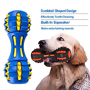 AUSCAT 2Pcs Dog Squeaky Chew Toys, Indestructible Dog Toy for Aggressive Chewers, Dumbbell Shape, Interactive Dog Toys for Large Medium Dogs, Rubber, Blue and Black