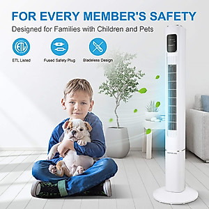 FREE VILLAGE 47'' Bladeless Tower Fan - 47 Inch Portable Tower Fan with Remote, 15 Hours Timer, 70¡ã oscillation, LCD Display, Compact Size, 3 Modes and 3 Speed Settings, Safe for Kids and Pets, White