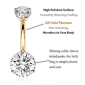 14G G23 Solid Titanium Belly Button Ring Titanium Navel Ring Gold Belly Piercing Jewelly with Cubic Zirconia 10mm Belly Bar Internally Threaded Navel Barblell Belly Barbell Belly Piercing Jewelry