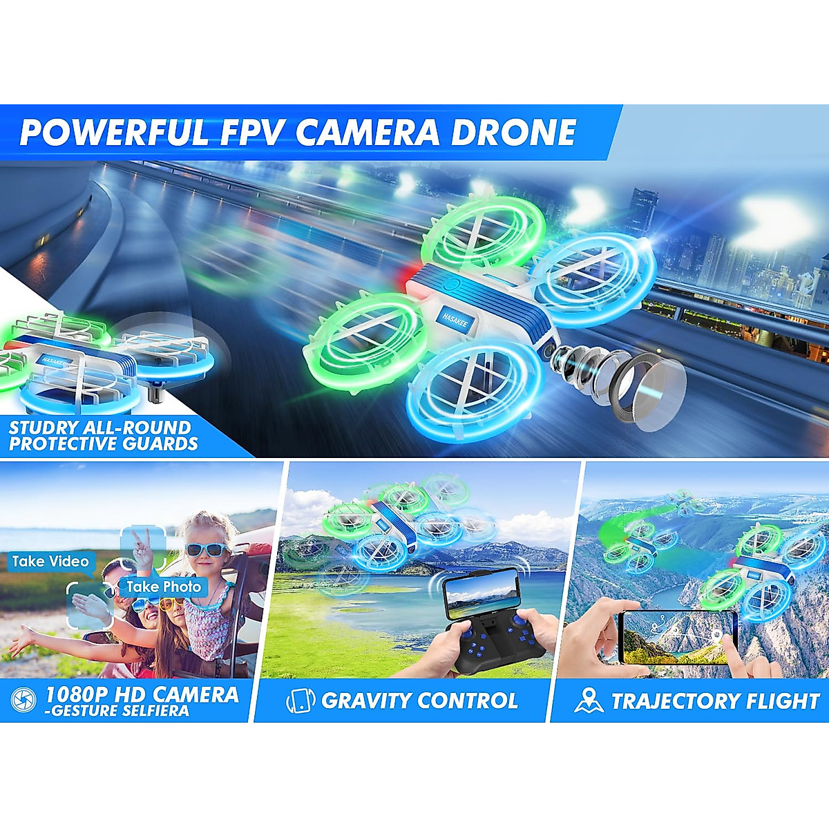 HASAKEE Drone with Camera 1080P HD FPV for Kids and Adults,Hobby RC Quadccopter for Beginners with Bright LED Light,Propeller Full Protect,2PCS Batteries,Kids Toy Easy to Play,M1S Drone