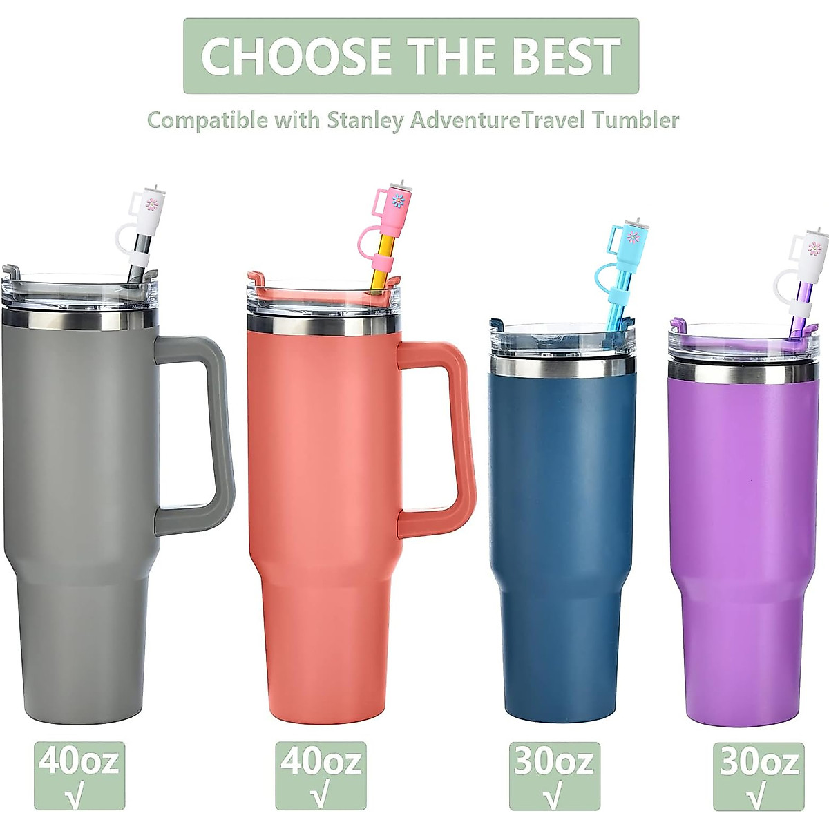 12 Pack Replacement Straws and Covers for 40 oz Stanley Adventure Travel Tumbler Cup, Reusable Plastic Straws with Cleaning Brush, Compatible with 40oz 30oz 20oz 14oz Stanley Water Jug, 12inch