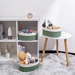 Kriitools Shelf Storage Baskets for Organizing|Cute Basket for Closet&Blanket Storage|Small Woven Baskets to Store Toys,Books,etc.-13x8.66x5.11’’ Cotton Rope,Stylish,Oval 3 Packs Off White&Green