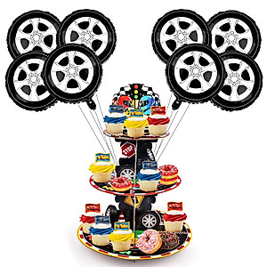 Waenerec Race Car Birthday Party Supplies 8PCS Tire Balloons & 3 Tier Cupcake Stand Food Display Dessert Holders Tower for Kids Classic Car Party Decorations