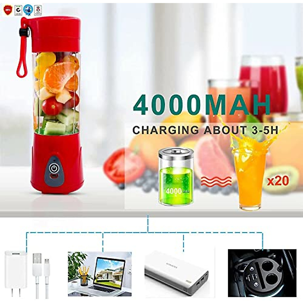Portable Blender Personal Size Blender USB 4000 mAh Rechargeable with 6 Blades Smoothies,380ML Juicer Cup 5 Core PB 01
