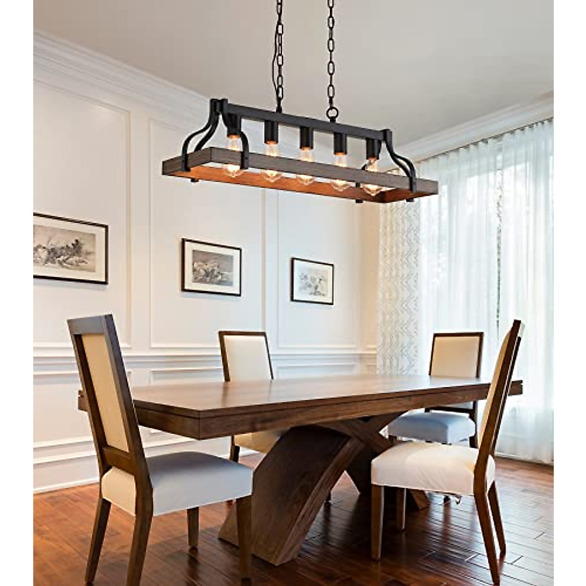 MEIXISUE Rustic Kitchen Island Dining Room Light Fixture Farmhouse Linear Chandelier Black and Retro Wood Finish 5-Light Industrial Metal Hanging Pendant Light UL Listed L33.5 W10.6