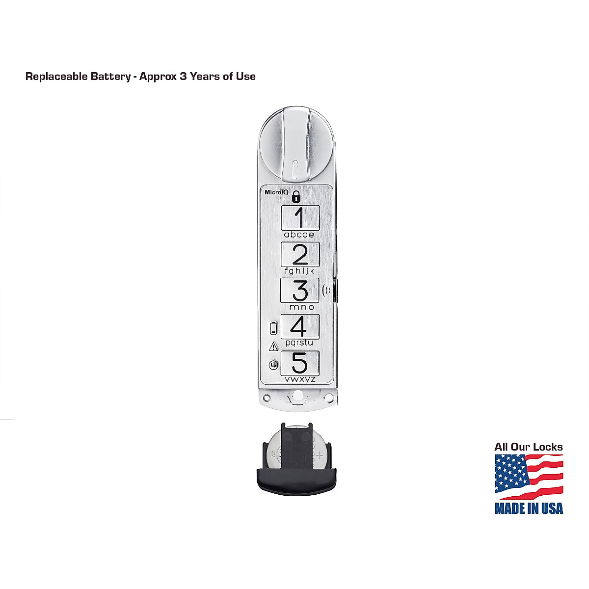 MicroIQ Electronic Cabinet Lock for Doors, Drawers, Lockers, Touch Keypad for Keyless Entry, Keyed Cam Lock Replacement, Knob on Top Vertical, Brushed Silver