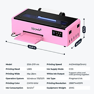 EnjoyColor A4 DTF Printer with Roll Feeder, DTF Transfer Printer Machine for Dark and Light Fabric Printing, Pink