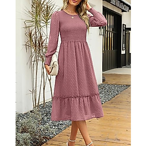 Maggeer Spring Long Sleeve Dress for Women 2024 Women's A Line Swiss Dot Wedding Guest Engagement Work Ladies Smocked Midi Causal Dresses Mauve L