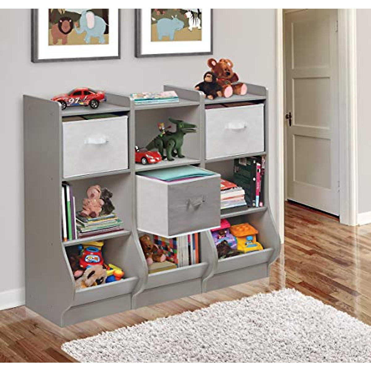 Badger Basket Kid's Upright Toy and Book Storage Nook with Reversible Fabric Basket - Woodgrain Gray