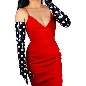 DooWay Super Long Leather Gloves Faux Patent PU 27 inches Black White Shine Polka Dots