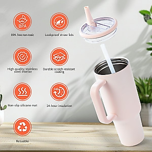 40oz Tumbler With Handle Flip Straw Lid,Leak Proof Stainless Steel Water Bottle With Rubber Base Vacuum Tumbler,Cold for 24-Hour BPA Free Insulated Cup,Reusable Travel Mug Gifts for Her/Him