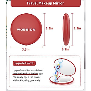 wobsion Travel Compact Mirror,Portable 1x/10x LED Makeup Mirror with Magnification,Handheld 2-Sided Pocket Mirror, 3.5in Small Mirror for Purse,Handbag,Gift,Wine Red