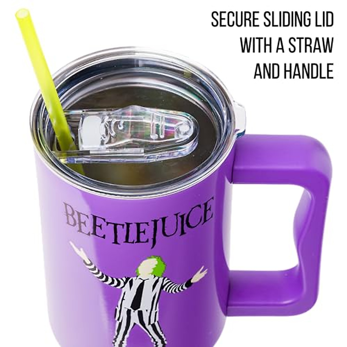 Silver Buffalo Tim Burton Beetlejuice Stainless Steel Tumbler with Handle and Straw, Fits in Standard Cup Holder, 40 Ounces