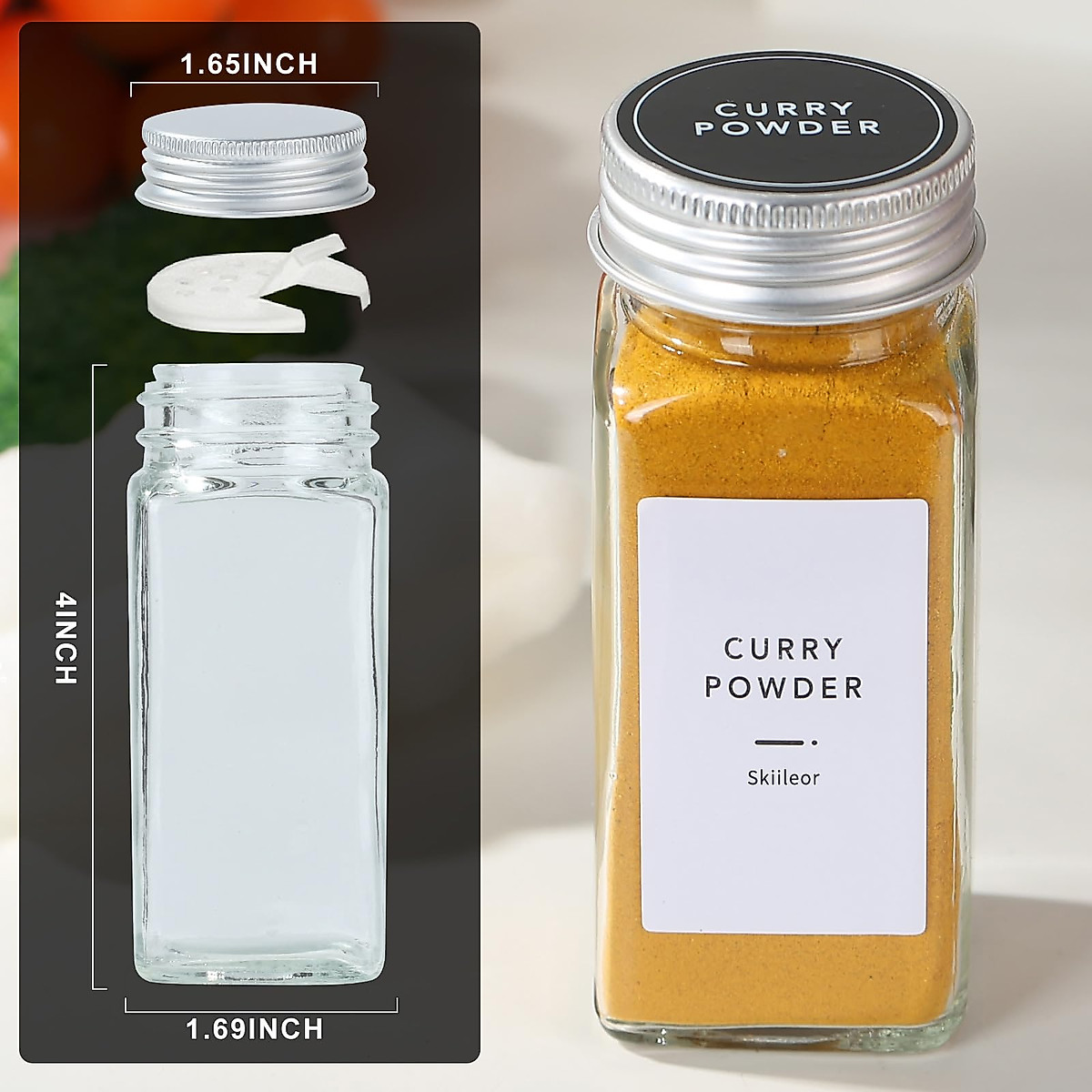 Skiileor 25 Pcs Spice Jars with Labels- Glass Spice Jars with Labels,Shaker Lids, Funnel, Chalk Pen, Brush，4oz Seasoning Containers Bottles for Spice Rack, Cabinet, Drawer