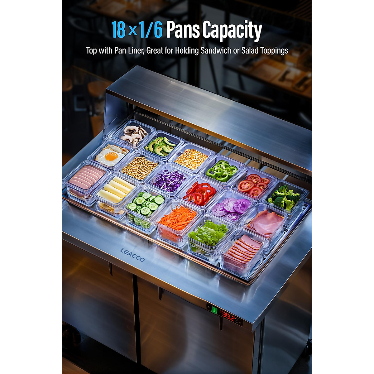 Leacco Refrigerated Sandwich Salad Prep Table, Commercial Workstation Refrigerators with 18 Pans, 48"