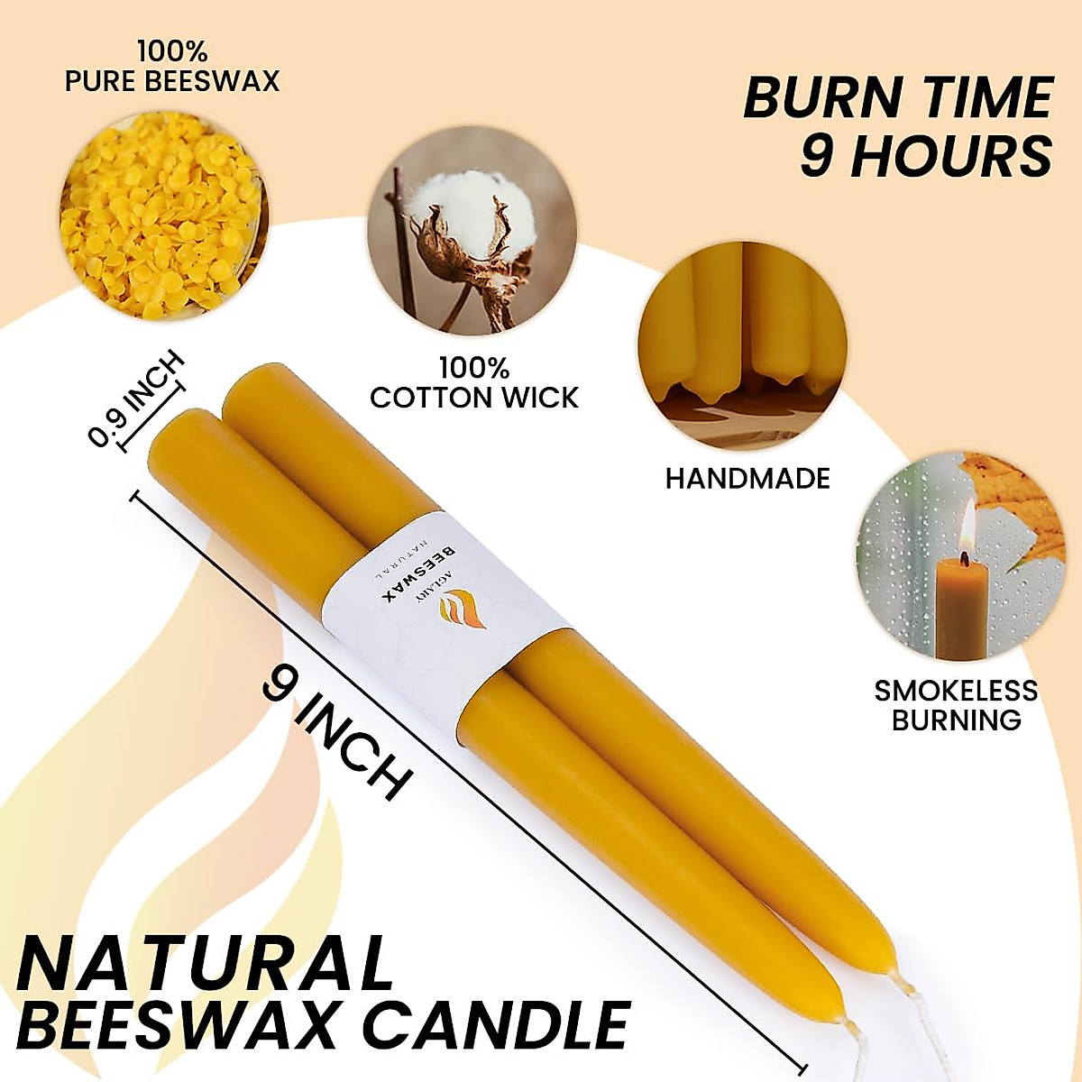 Aglary 16PCS Beeswax Taper Candles, 9" Handmade Natural Candles, Dripless and Smokeless，9 Hour Burn Time