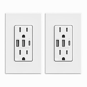 ELEGRP USB Outlets Receptacles, 3-Port USB C Wall Outlet, 30W 6.0A USB Electrical Outlet, 15 Amp Tamper-Resistant Outlet with USB C Ports, UL Listed, Screwless Wall Plate Included, 2 Pack, Matte White