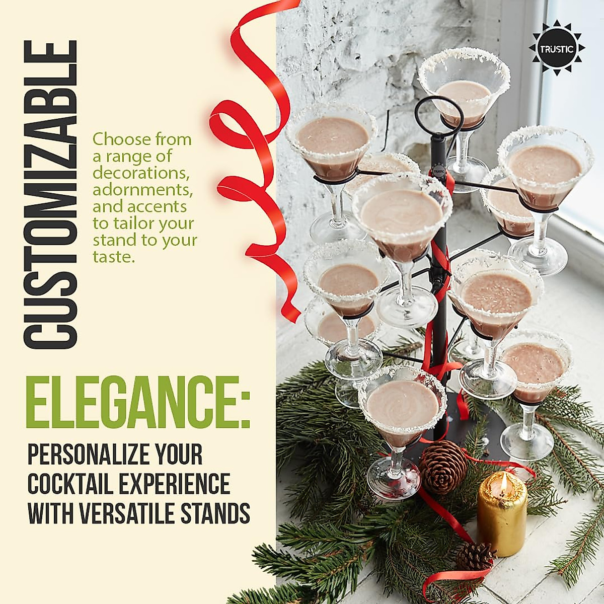 Cocktail Tree Stand, Metal Drink Tower, 3 Tier - 12 Holders For Champagne, Martini, Margarita Cups (Black)