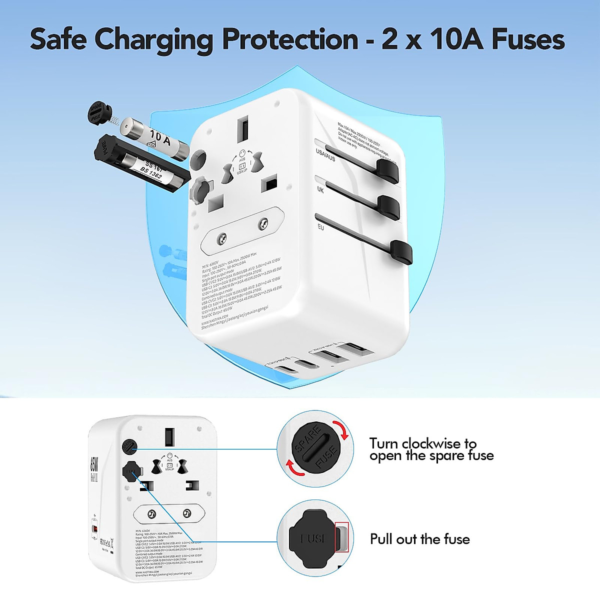 NASTIMA 65W Universal Travel Adapter Worldwide, 3USB-C PD & 2USB-A QC Travel Charger, GaN III Technology for Laptops Tablets Phones with UK,EU,AU,US Plugs (Type G/C/I/A)