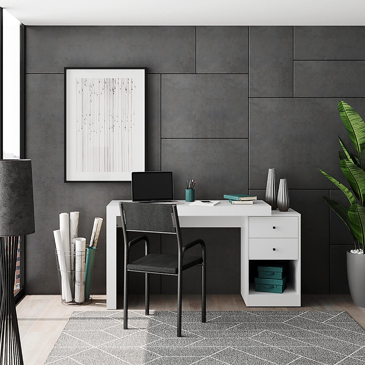 Techni Mobili Expandable Desk with Storage Drawers & Open Shelf - Expands from 47 Inch to 57 Inch - White Computer Desk with Printer Space - Modern Home Office Table with Drawers Blanco Collection