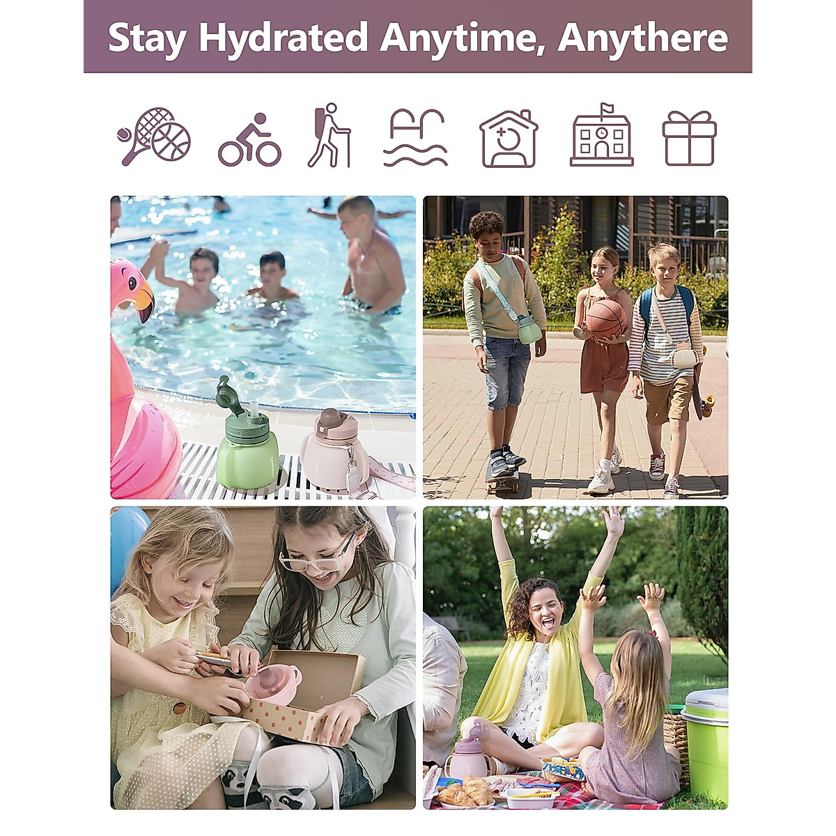 TakeToday Kids Water Bottle for School, Silicone Collapsible Water Bottle, 20 OZ Travel Water Bottle with Straw and Strap, BPA-Free Reusable Leakproof, Purple