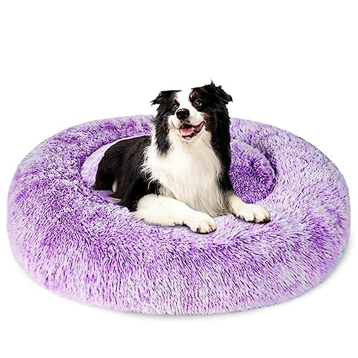 Patas Lague Calming Dog Bed for Small Dogs, Fluffy Soft Cozy Cat Bed, Faux Fur Anti-Anxiety Plush Washable Pet Donut Cuddler for All Seasons 20IN, Purple