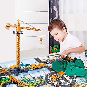 Meland Construction Vehicle Truck Toy Set - 64PCS Kids Engineering Truck Playset with Mat, Crane, Cement, Fuel Truck,Wheel Loader with 3 Interchangeable Parts,Birthday for Boys Toddlers