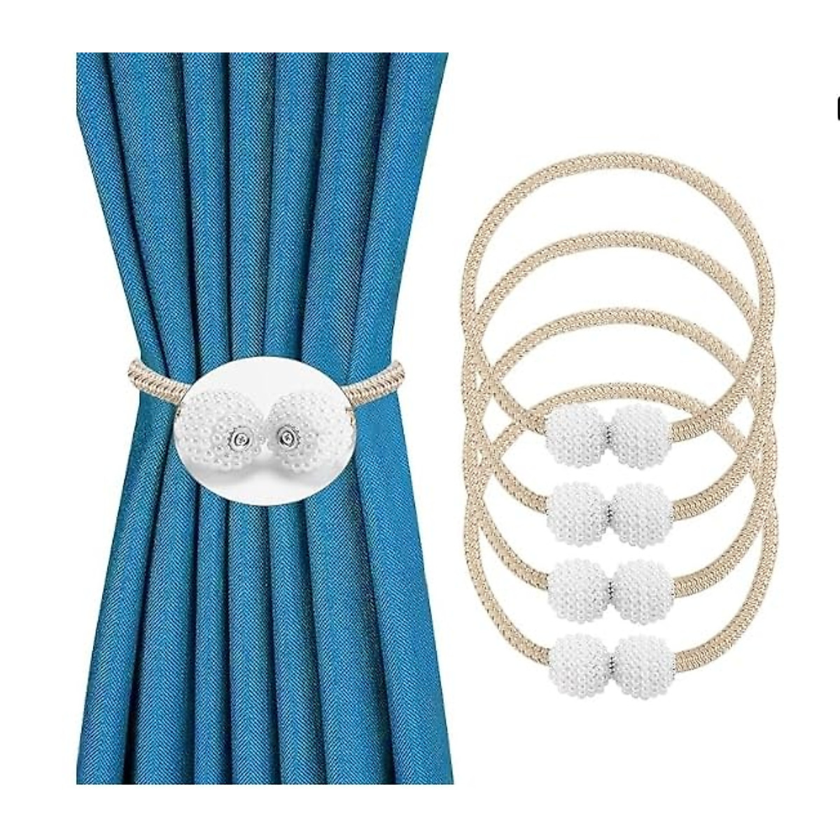 4 Pack Magnetic Curtain Tiebacks Pearl Ball Home Window Curtain tiebacks The Most Convenien Tie Backs, Weave Clips Rope Straps Holder for Big,Wide or Thick Drapries (Beige)