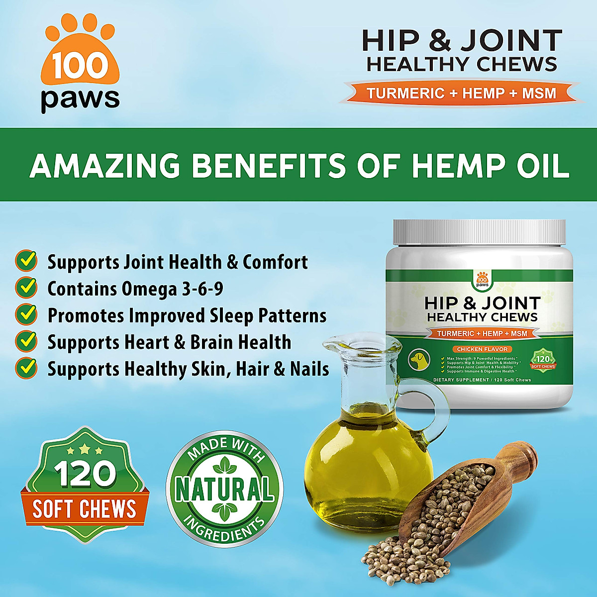 100 Paws Hip & Joint Supplement for Dogs - Hemp Oil Infused Soft Chews Dog Treats w/Glucosamine, Turmeric, Chondroitin, MSM & Omega 3 6 9 -Supports Pet Mobility & Pain Relief-120 Treat Bites