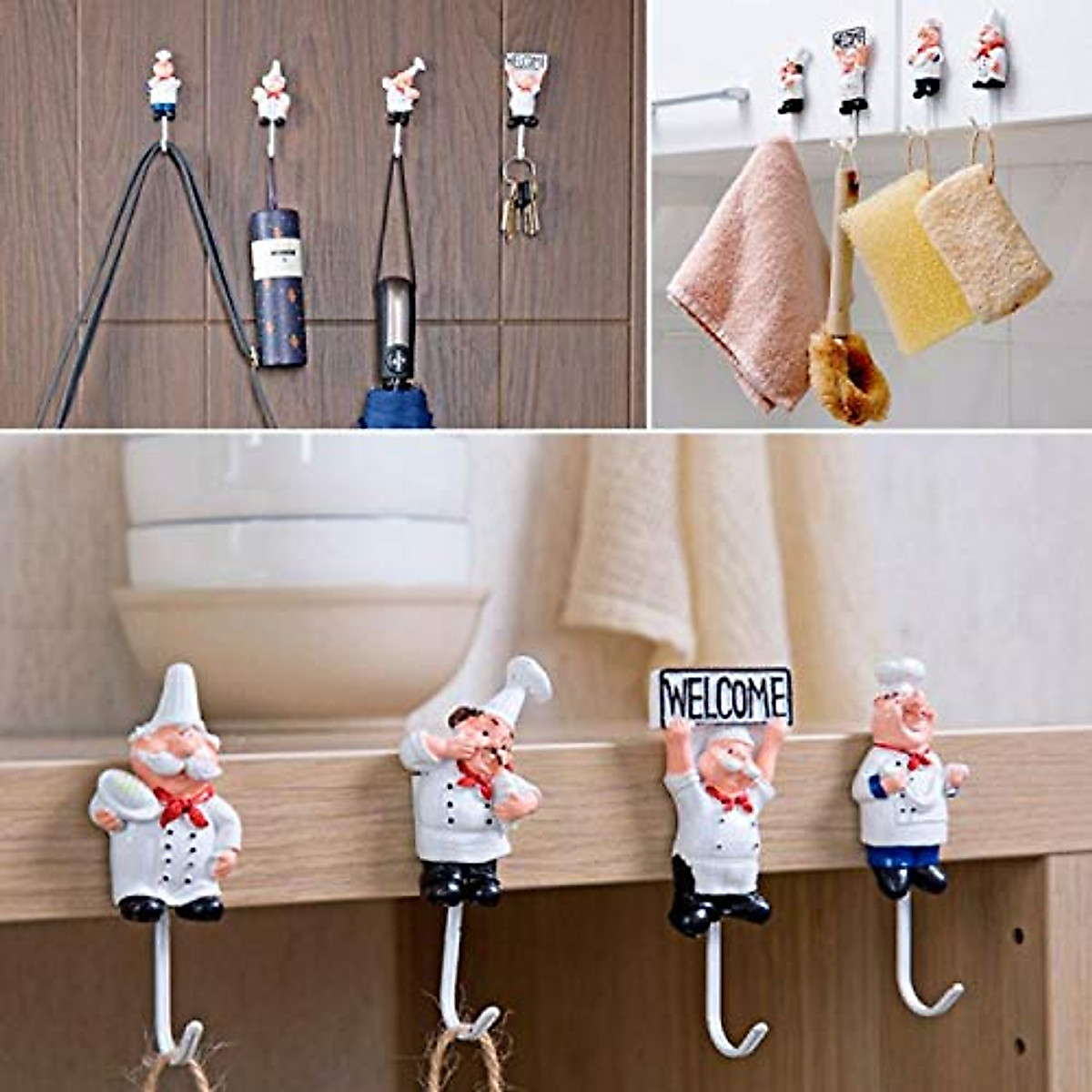 4 PCS Cute French Chef Design Adhesive Wall Hooks Heavy Duty Cook Wall Mount Rack Hook Hanger Kitchen Home Decoration
