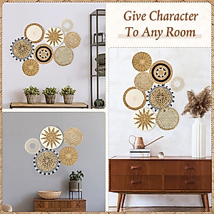 Set of 8 Wall Basket Decor Boho Wall Hanging Decor Rattan Wall Decor Flat Round Wicker Woven Macrame Tassels Tapestry Bamboo Wall Basket Serving Tray Art Handmade Set for Room Bedroom Living Room