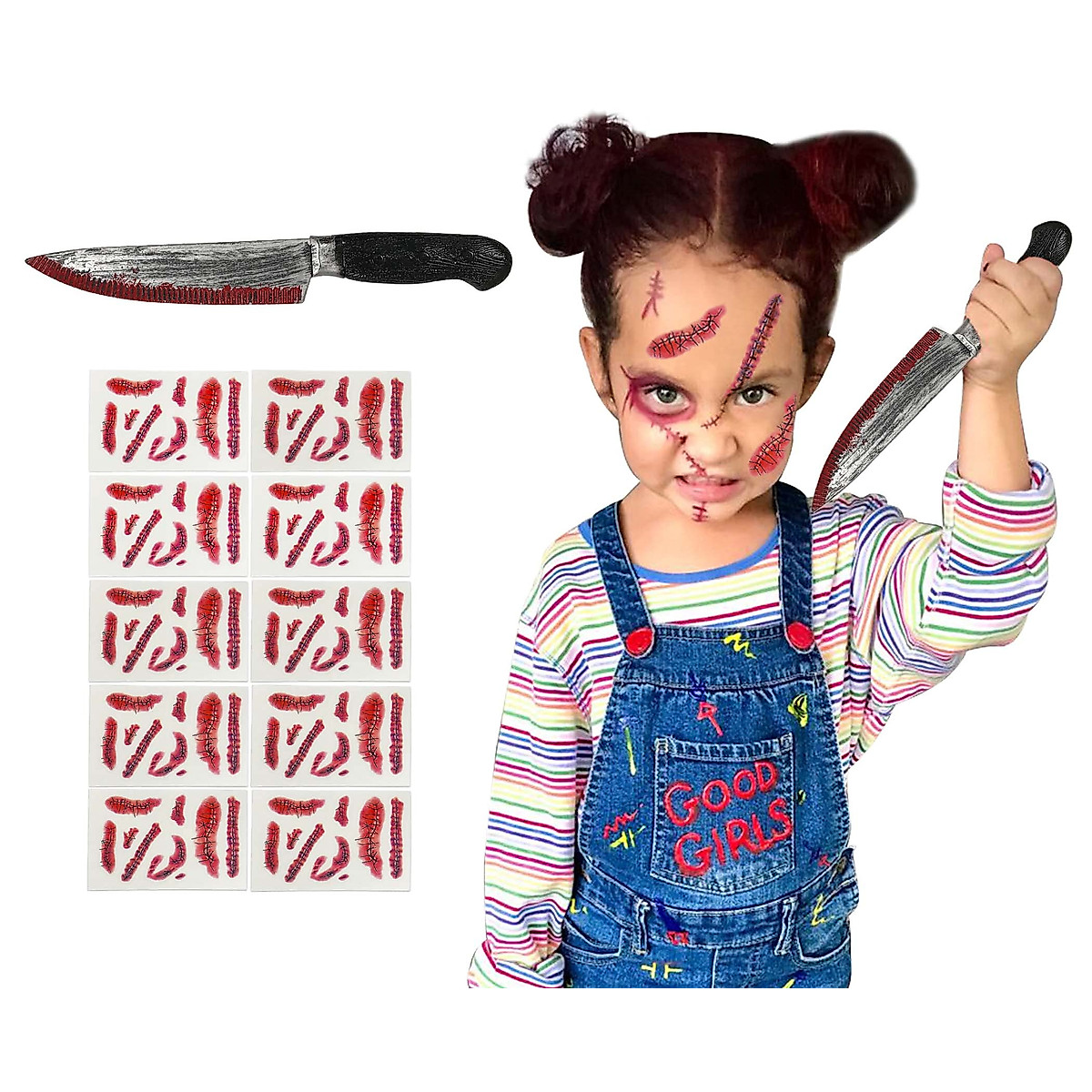 Halloween Knife Prop Chuckys Tattoo Halloween Scars Fake Stitches Chuckys Makeup Kit Fake Knife Toy Face Scars Temporary Tattoo Chuckys Costume Accessories