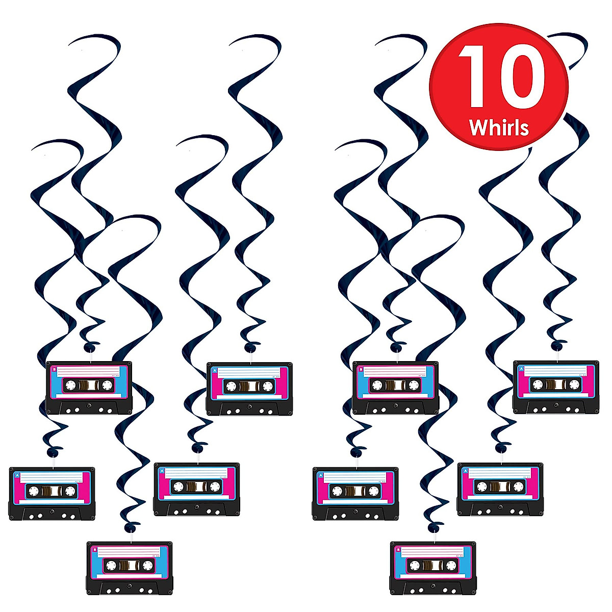 Beistle 10 Piece 80's Theme Cassette Tape Swirls 1980's Retro Hanging Whirl Decorations, 39", Multicolor