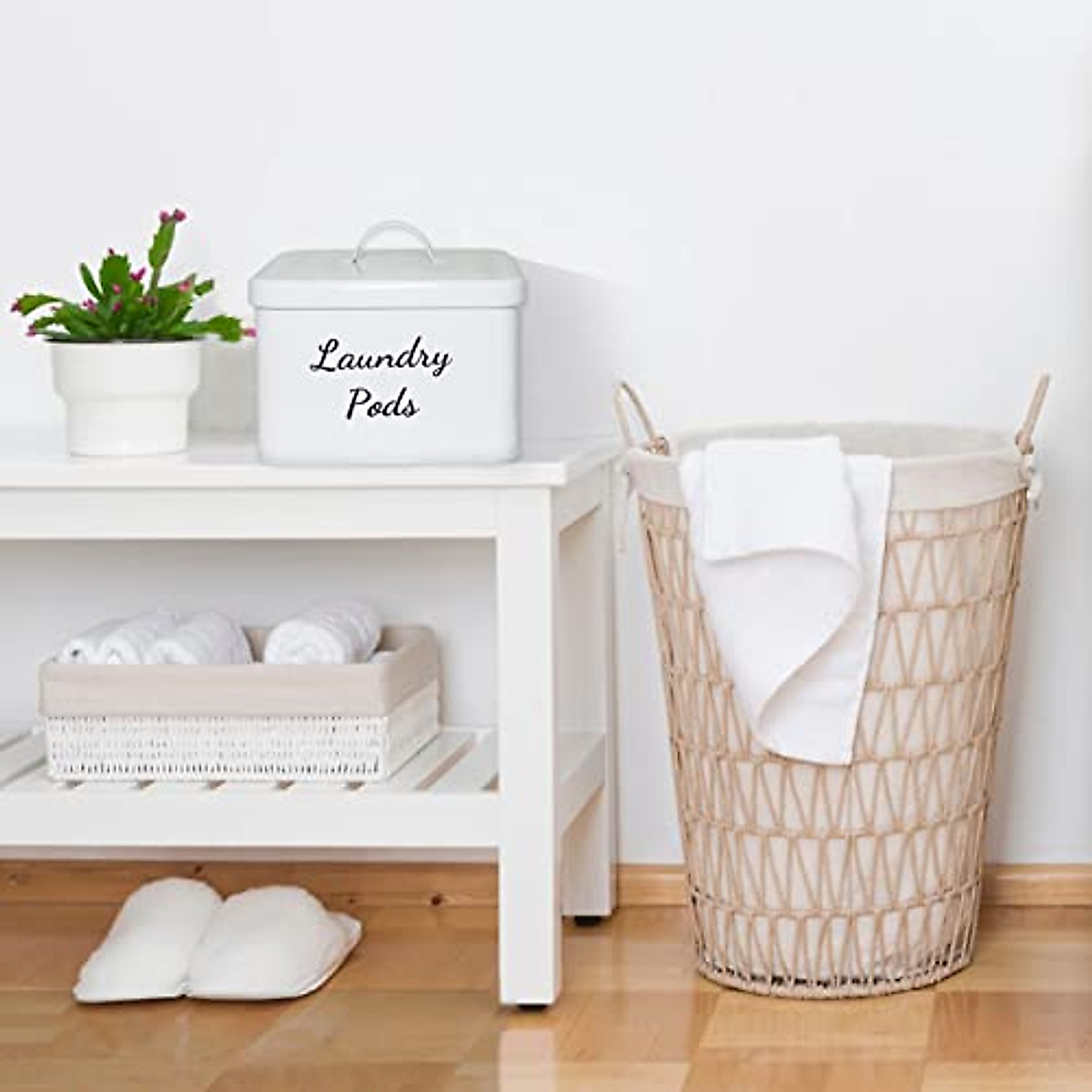 Metal Laundry Pods Dryer Sheet holder with Lid for Laundry Room Decor & Organization Accessories, Oppro Farmhouse Beads Container with Handle, Large Modern Storage Box(Holds 85 laundry pods)