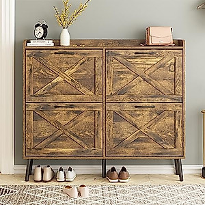 Maupvit Large Shoe Cabinet with 4 Flip Drawers, Freestanding Shoe Organizer with Metal Drawer Bracket for Entryway, Narrow Shoe Rack Cabinet, 5 Sturdy Legs, Rustic Brown