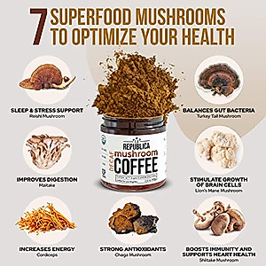 La Republica Organic Decaf Mushroom Coffee with 7 Superfood Mushrooms, Water-Processed Instant Coffee Mix with Lion's Mane, Reishi, Chaga, Cordyceps, Shiitake, Maitake, and Turkey Tail (Regular)