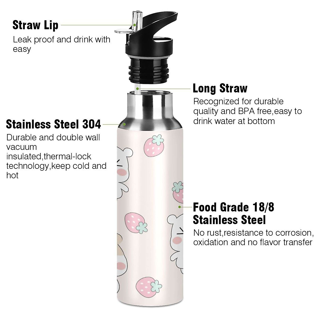 xigua 20oz Double leak Proof layer Insulated Keep Warm,Cute Hamster with Strawberry Stainless Steel Water Bottle with Straw for Sports and Travel#62